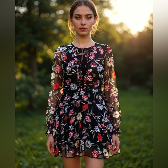 foxiedox | Dresses | Nwt Foxiedox Black Sheer Floral Embroidered Mini ...